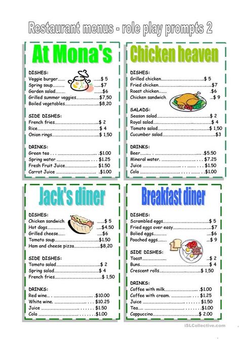 Restaurant Menu English Esl Worksheets For Distance Learning And