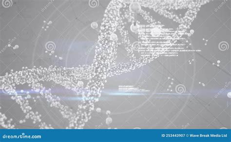 Digital Animation Of Dna And Molecular Structures Over Data Processing Against Grey Background