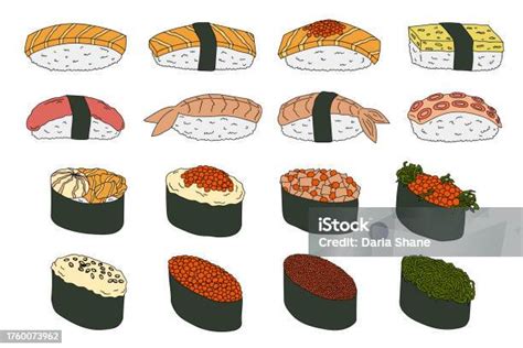Hand Drawn Sushi Clipart向量圖形及更多一組物體圖片 一組物體 三文魚 海產 亞洲文化 Istock