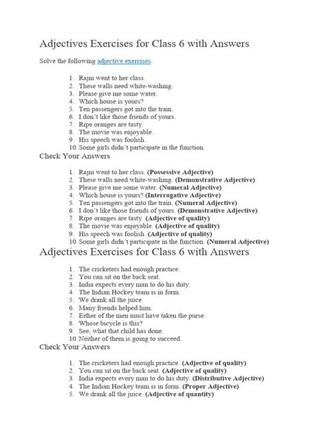 Adjectives Exercises For Class 6 With Answers Pdf Adjective