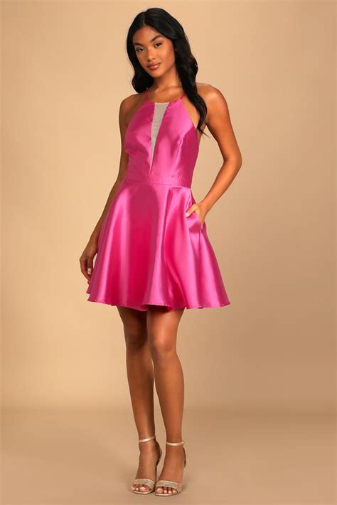 Hot Pink Skater Dress Plunge Skater Dress Plunge Bodice Dress Lulus