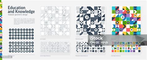 교육 과학 모듈 기하학적 디자인 얇은 선 검은 색 흰색 및 색상 스타일 패턴 학교 그래픽 요소 세트 아카데미 학습 도서 아이콘입니다 0명에 대한 스톡 벡터 아트 및 기타