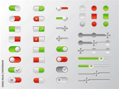 On And Off Switch Buttons UI Design Realistic Menu Elements Web Sliders With Red And Green