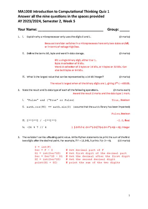 Ca1 Solution Ay2324 1 Ma1008 Introduction To Computational Thinking Quiz 1 Answer All The