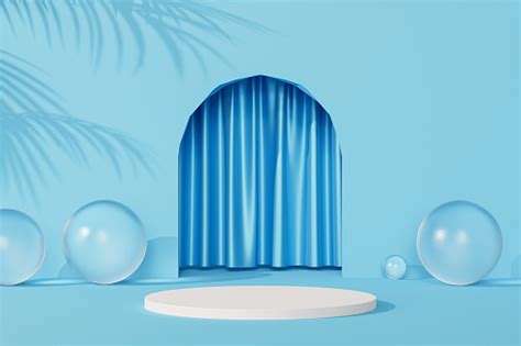 커튼과 열대 잎 그림자와 파란색 빈 입구 근처 제품 이나 광고에 대 한 흰색 연단 또는 받침대 3d 최소 렌더링 0명에 대한