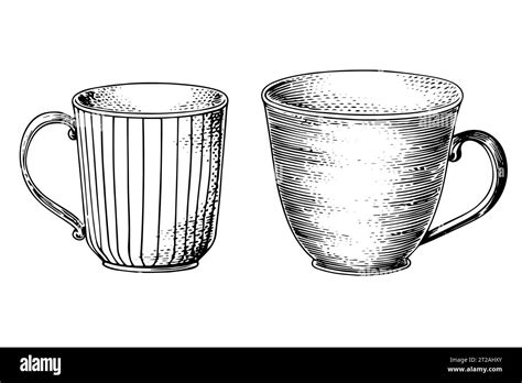 Set Of Vintage Cups Or Mugs Hand Drawn Ink Sketch Engraved Style