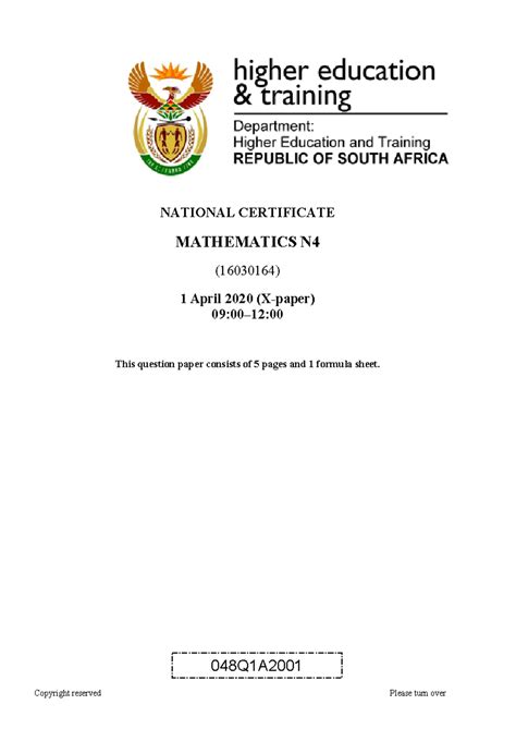 N4 Mathematics April 2020 National Certificate Mathematics N 16030164 1 April 2020 X Paper