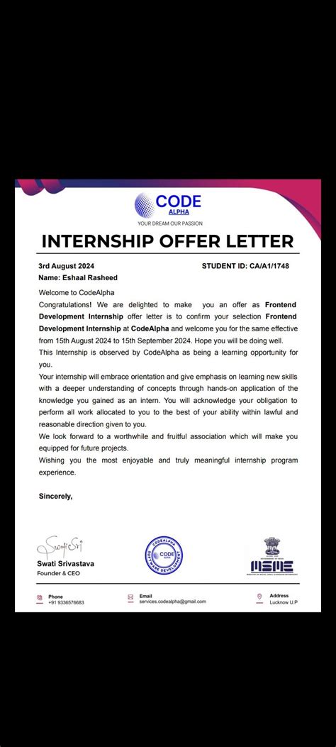 Eshaal Rasheed On Linkedin Frontenddeveloper Codealpha Internship
