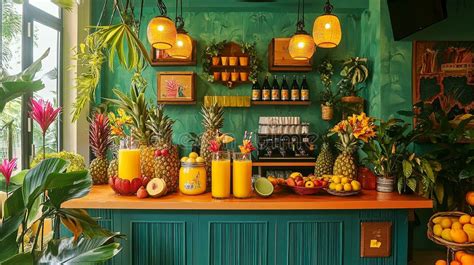 A Vibrant Tropical Juice Bar With Fresh Fruits And Exotic Decorations