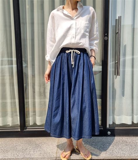 리즈와이 데님 면 밴딩 와이드팬츠 플레어 치마바지 통 청바지