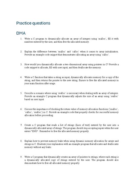 Practice Questions In C Practice Questions Dma Write A C Program To