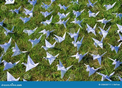 Japanese Folded Origami Cranes On Fresh Grass Hundreds Handmade Paper