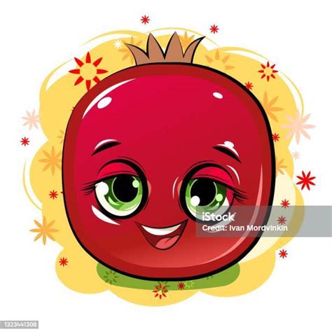 석류 쾌활한 미소 총구와 육즙 붉은 과일 만화 스타일 흰색 배경 위에 격리 벡터 그림입니다 밝은 여름 구성 0명에 대한 스톡