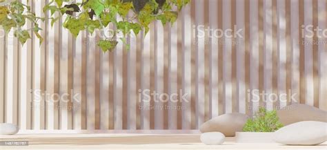 나무 바닥과 벽 돌과 나무로 장식된 일본식 인테리어 장면 미니멀한 배경 Muji 빈 방 배경 Zen 테마 인테리어 컨셉 3d