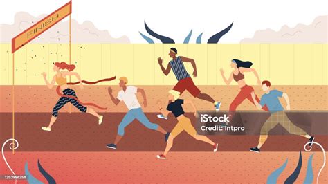 慢跑運動競賽的概念運動員穿著運動服跑馬拉松或短跑比賽在賽道上女子冠軍衝過終點線卡通平面風格向量插圖向量圖形及更多做好圖片 Istock