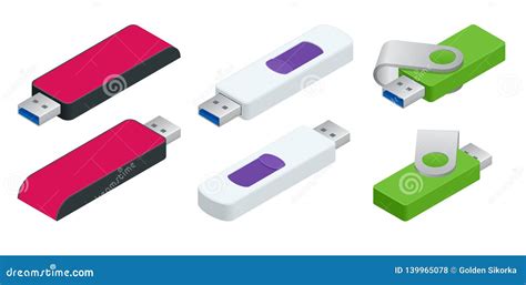 Isometric Set Of USB Flash Drives USB Memory Stick Isolated On White Stock Vector