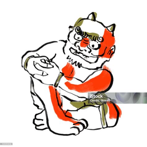 브러시로 만든 일본식 그림 두 개의 뿔이 앉아서 웃고 있는 붉은 악마의 전신 간단한 컬러 잉크 그리기 세쓰분 Setsubun에