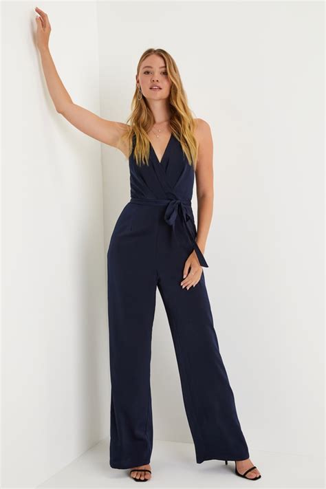 Navy Blue Satin Jumpsuit Halter Jumpsuit Surplice Jumpsuit Lulus