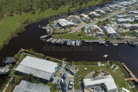 Aerial View Of Badly Damaged Mobile Homes After Hurricane Ian Swept