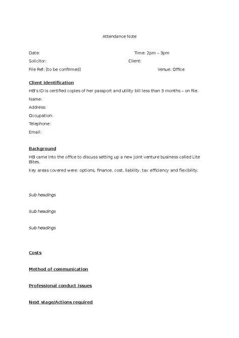 Attendance Note Template Attendance Note Date Time 2pm 3pm