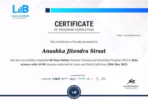 Learnandbuild Internshipcompletion Certificateofcompletion Anushka