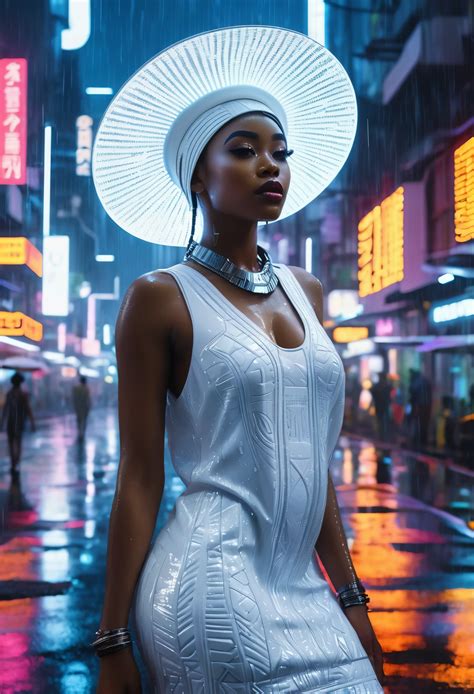 A Woman In A White Dress And Hat Standing In The Rain Seaart Ai