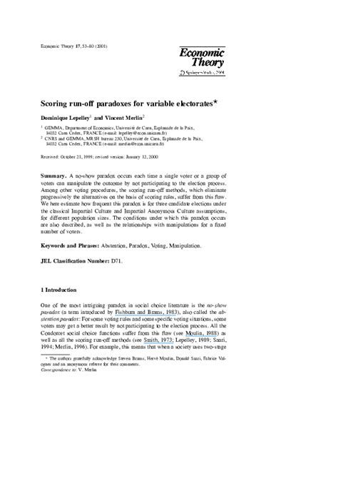 Pdf Scoring Run Off Paradoxes For Variable Electorates