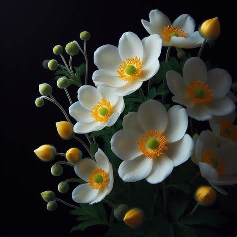 Premium Photo White Flowers Yellow Center Green Leaves Yellow Buds On