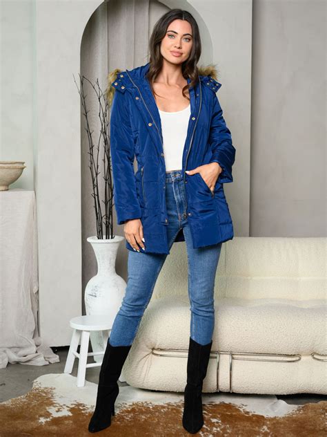 Womens Padded Button Down Fur Hooded Jacket