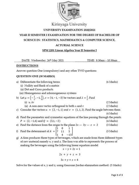 Spm 2201 Linear Algebra Year Ii Semester I Pdf Linear Algebra Mathematical Objects