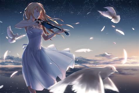 Shooting Stars Water Tears Long Hair Clouds Miyazono Kaori Anime
