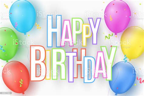 흰색 바탕에 화려한 축제 풍선입니다 여러 종이 편지에서 생일와 비문 색종이의 폭발입니다 인사말 카드입니다 벡터 일러스트입니다 Eps 10 3차원 형태에 대한 스톡 벡터 아트