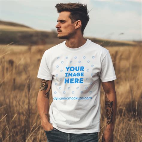 Man Wearing White T Shirt Mockup Front View Template