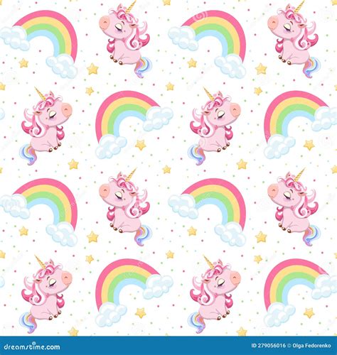 Seamless Patterned Background Drawn Cartoon Cute Pink Unicorns And