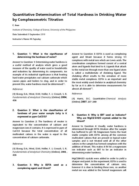 Quantitative Determination Of Total Hardness In Drinking Water By Complexometric Titration Pdf