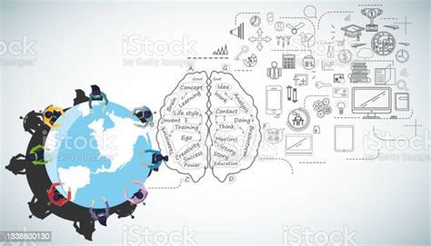사업가와 여성은 단어 계획 생각 검색 분석 의사 소통 미래 지향적 인 아이디어 혁신 기술 Modernvector로 성공을 브레인 스토밍합니다vector 개념에 대한 스톡
