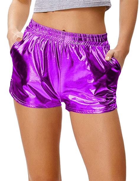 Kate Kasin Womens Elastic Waist Metallic Shorts Shiny Rave Pants Sparkly Yoga Hot Shorts