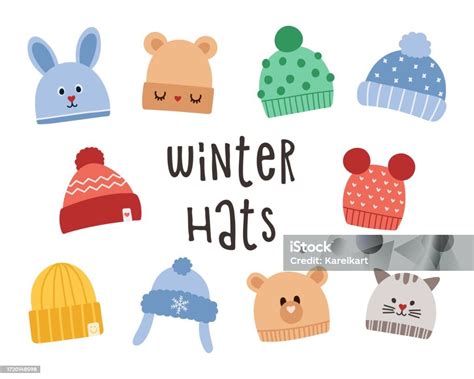 레터링 겨울 모자가 달린 귀여운 아늑한 니트 모자 어린이와 성인의 가을 모자 컬렉션 만화 벡터 그림 방한 의류에 대한 스톡 벡터 아트 및 기타 이미지 Istock