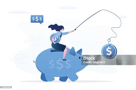 돼지 저금통을 운전하고 낚싯대에 돈 미끼를 들고 있는 야심 찬 사업가 재정적 성공을 위한 저축 부 축적 또는 검소 개념에 대한 스톡 벡터 아트 및 기타 이미지 Istock