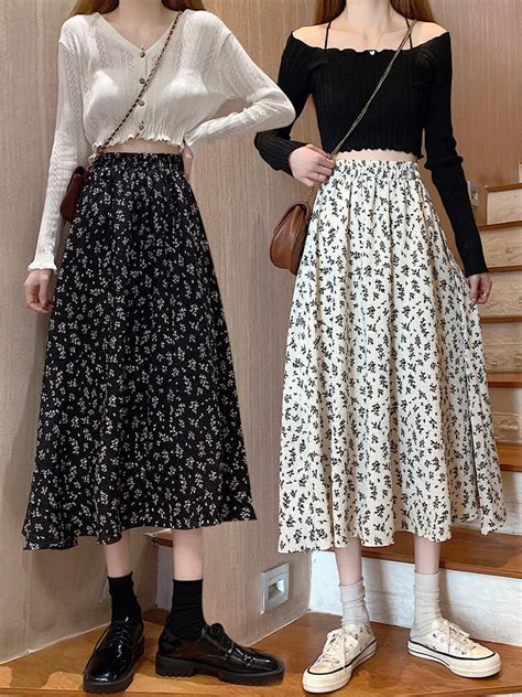 Womens Floral Long Skirt With Elastic Waist Summer Loose Casual