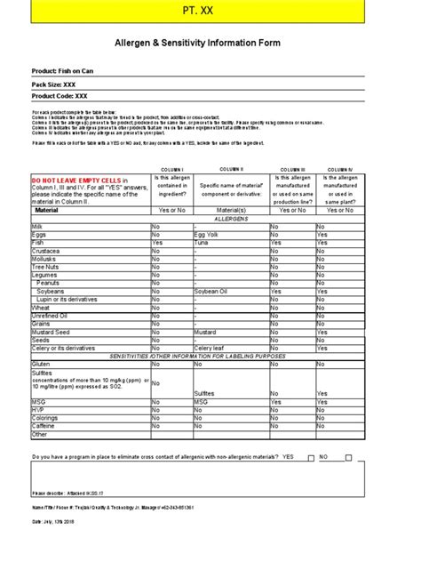 Template Qa 02 C 001 Allergen Statement Pdf Allergen Food Ingredients