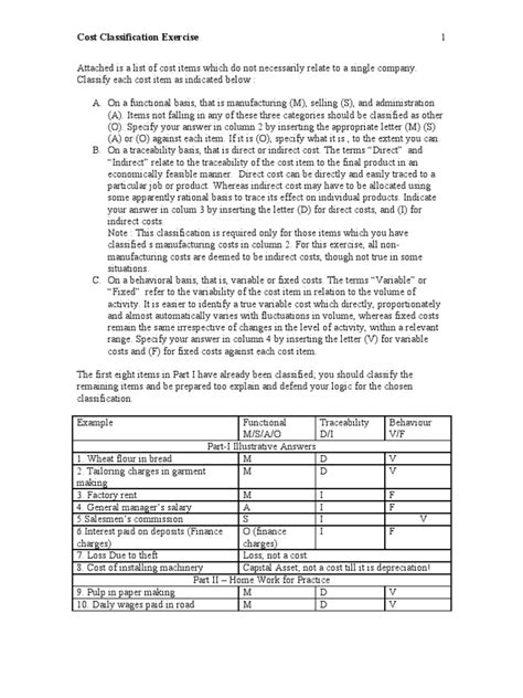 Cost Classification Exercise Key Pdf Depreciation Salary