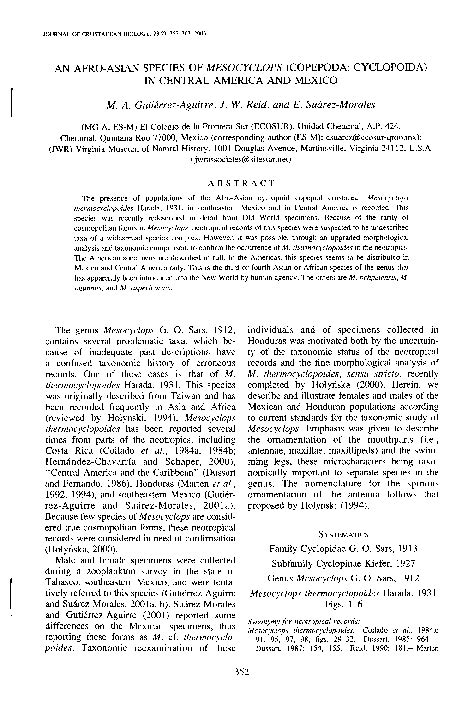 Pdf An Afro Asian Species Of Mesocyclops Copepoda Cyclopoida In