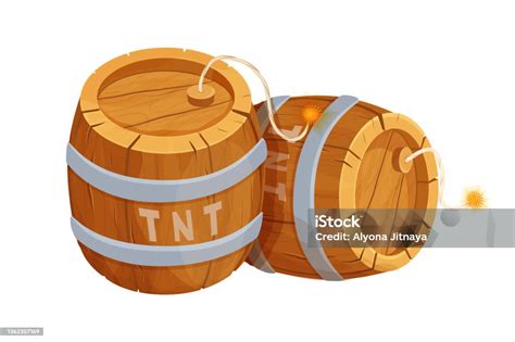 흰색 배경에 고립 만화 스타일의 기폭장치가있는 Tnt 나무 배럴 폭발성 무기 폭탄 Ui 게임 자산 벡터 일러스트레이션 배럴에
