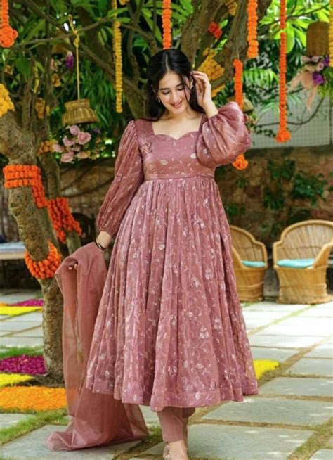 Georgette Designer Anarkali Frock Set With Dupatta Stylish Women Kurta Set Elegant Fashion