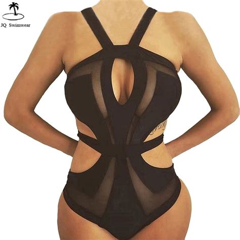 2019 New Sexy One Piece Swimsuit Womens Mesh Splicing Halter Bandage