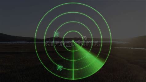 Animation Of Airplane In Circular Radar Over Aerial View Of Green Landscape With Lake And