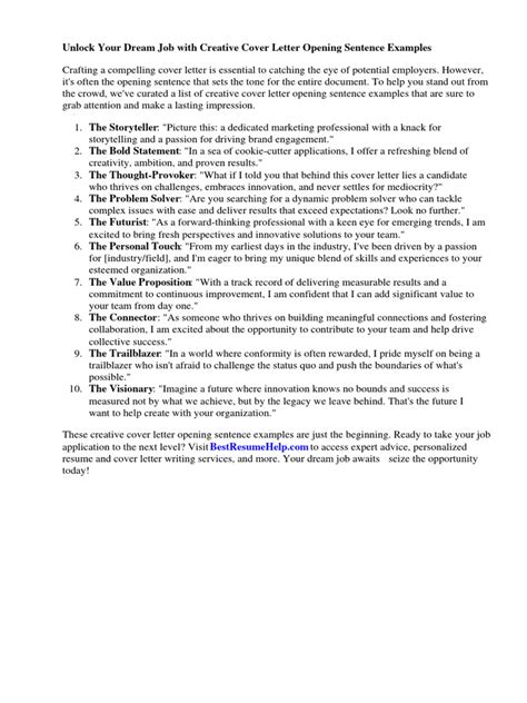 Creative Cover Letter Opening Sentence Examples Pdf Résumé