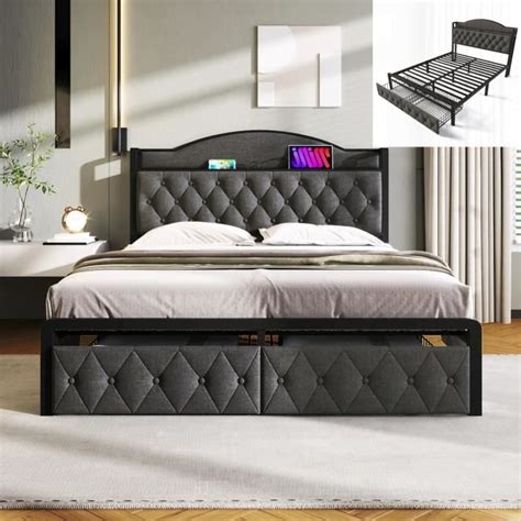 Lit Coffre Adulte X Cm AAPAAS Gris Lin Avec Tiroir De Rangement USB Type C
