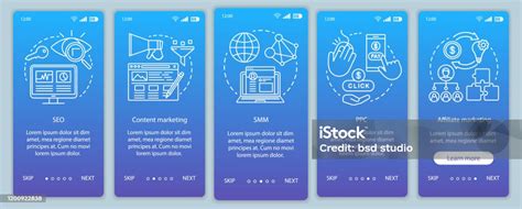 디지털 마케팅 전술 블루 온보딩 모바일 앱 페이지 화면 벡터 템플릿 Seo Smm Ppc 연습 웹 사이트 단계 선형 그림 Ux